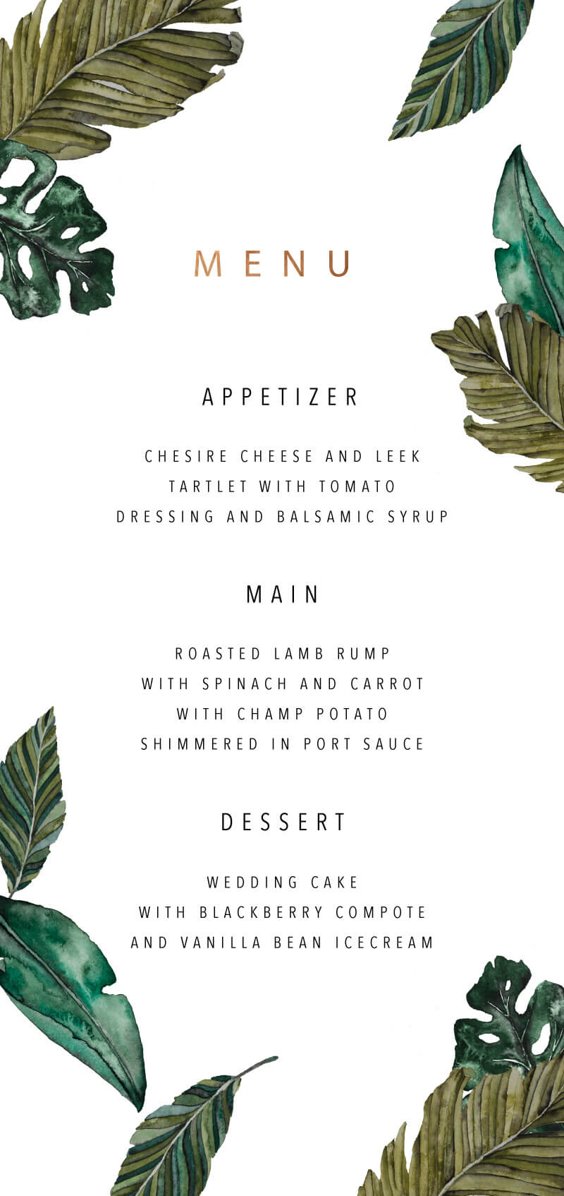 Moody Tropics | Real Foil | Wedding Menu